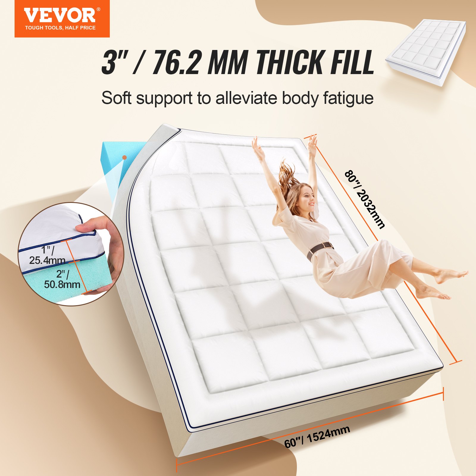 VEVOR Mattress Topper Premium Memory Foam Fiber Fill Queen Size 3 in ...