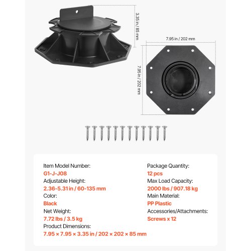 12 Pcs Adjustable Deck Support Pedestal Deck Foundation Base Rising 2. ...