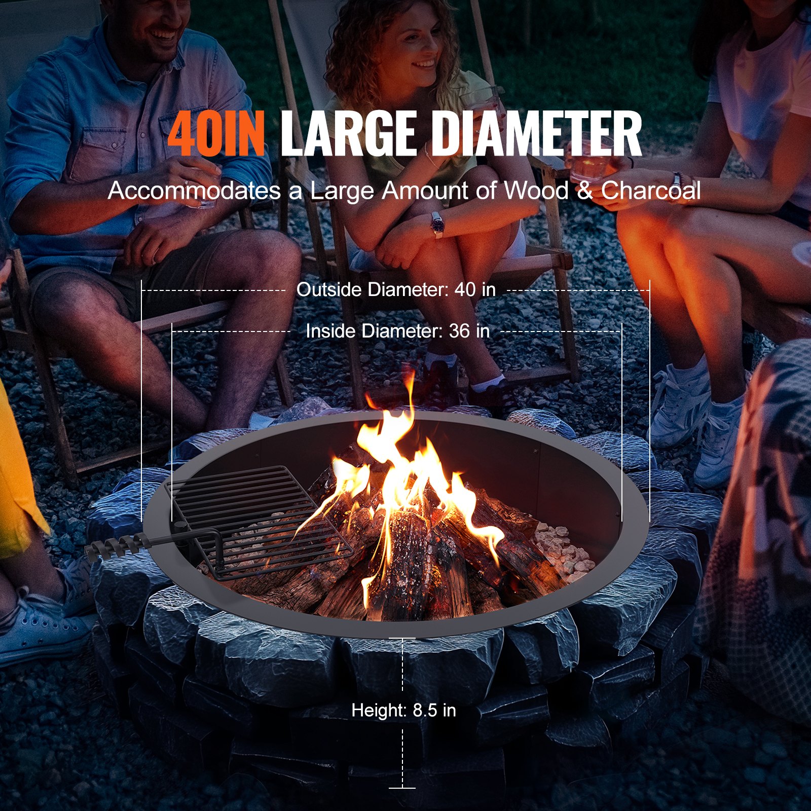VEVOR Fire Pit Ring w/ BBQ Fire Ring 40 Inch Outer Steel DIY Campfire ...