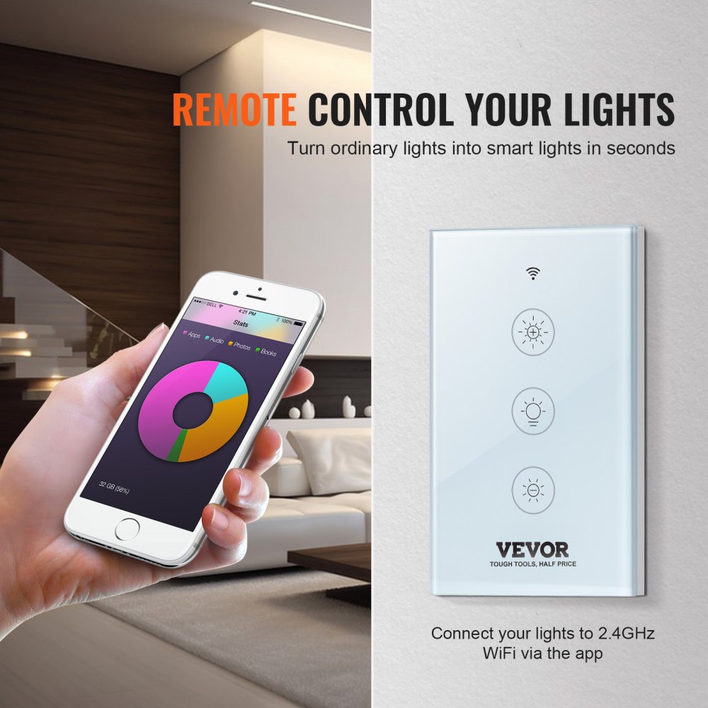 VEVOR WiFi Smart Light Dimmer Switch, 100-250V AC Wi-Fi 2.4GHz, 15% to ...