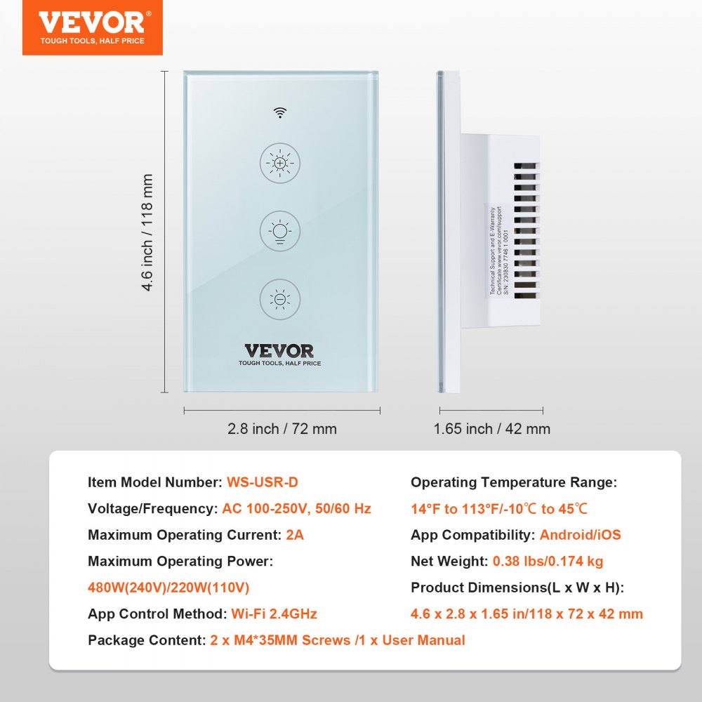 VEVOR WiFi Smart Light Dimmer Switch, 100-250V AC Wi-Fi 2.4GHz, 15% to ...