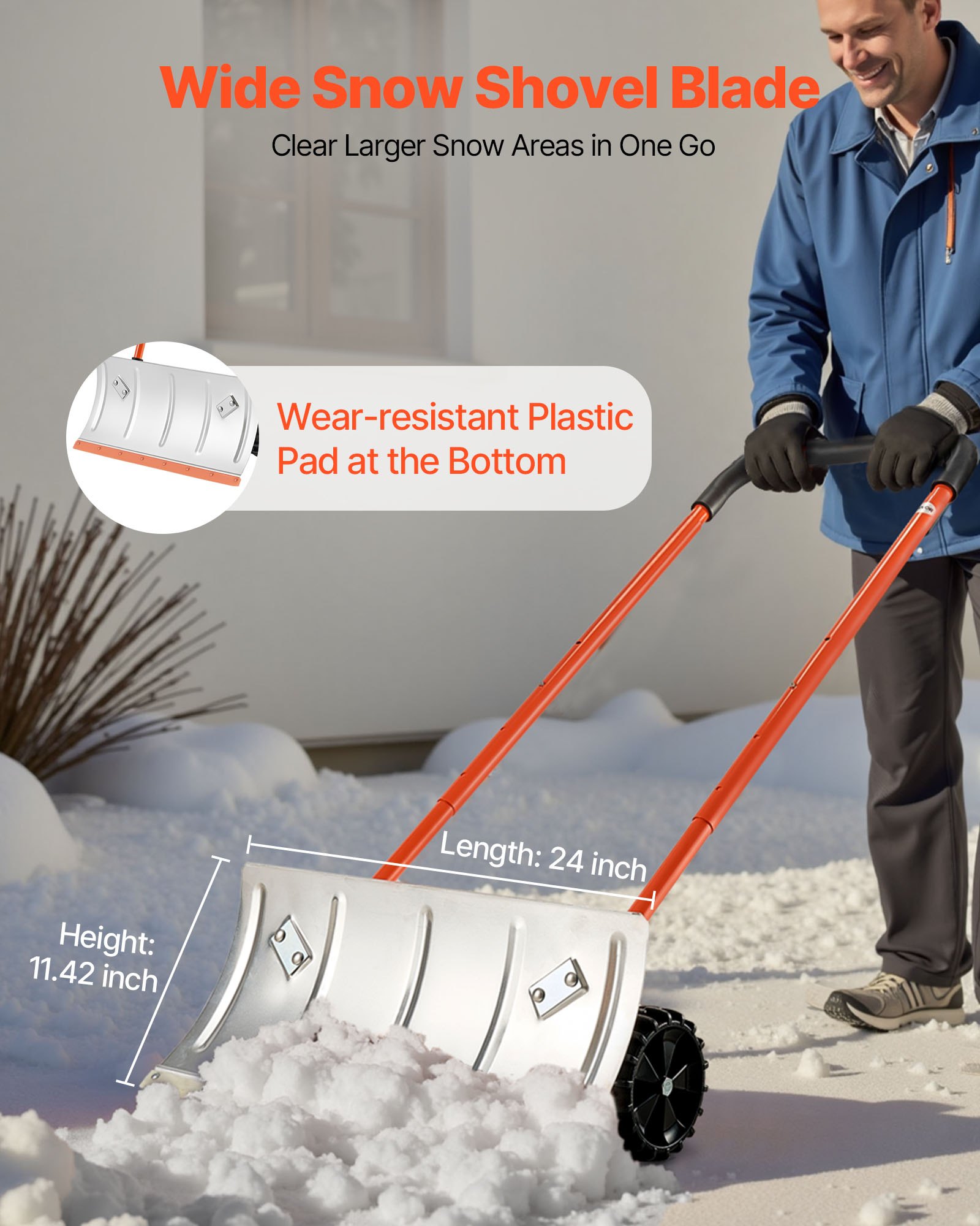 VEVOR Snow Pusher Shovel with Wheels, 24 in Wheeled Snowplow Shovel ...
