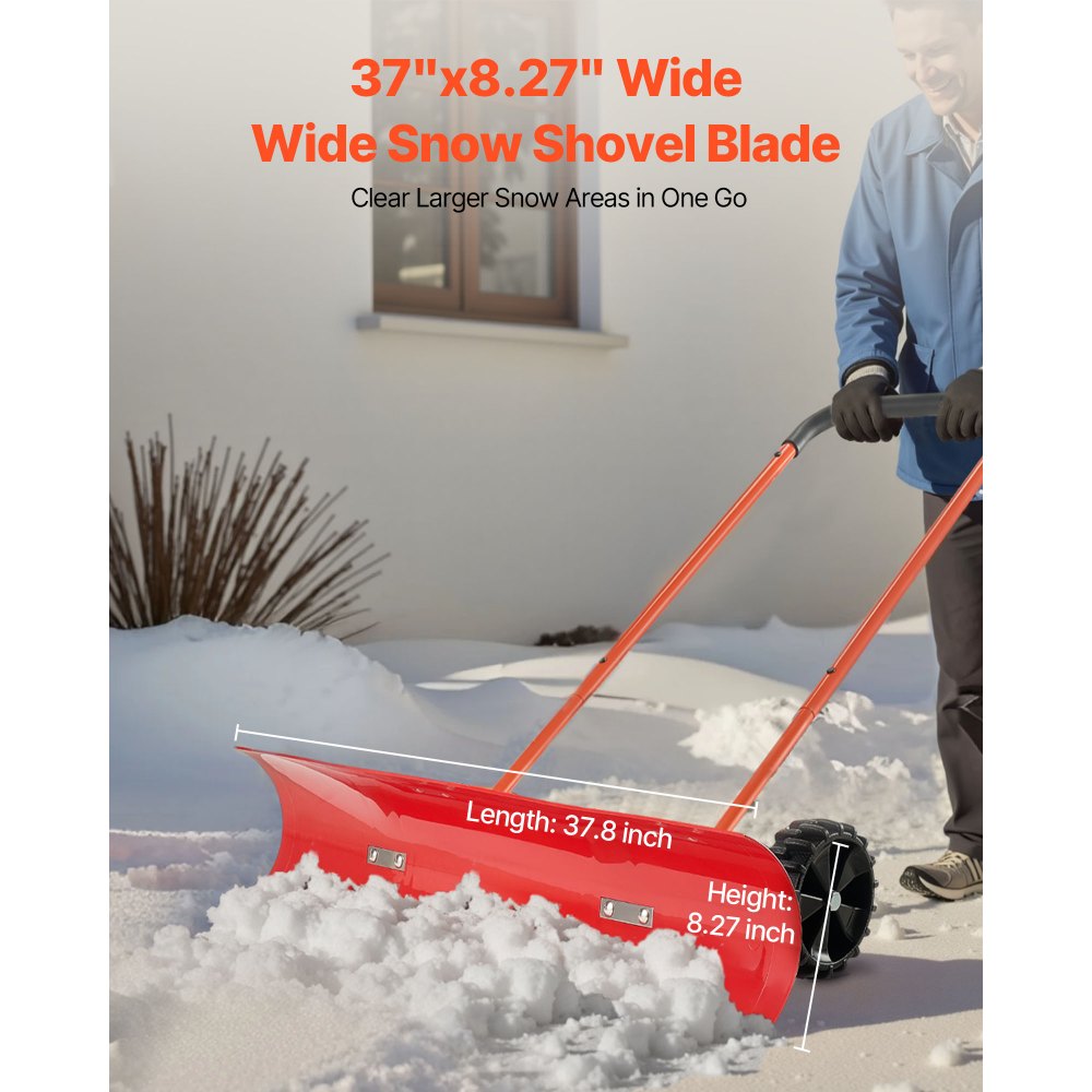 VEVOR Snow Pusher Shovel with Wheels, 37.8 in Wheeled Snowplow Shovel ...