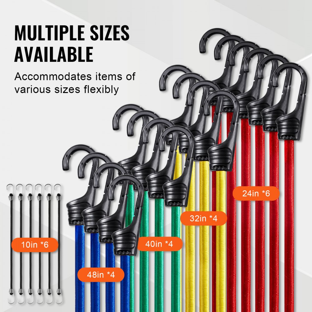 VEVOR Assorted Bungee Cords – 32 Pcs, 8 mm, 4 Clips