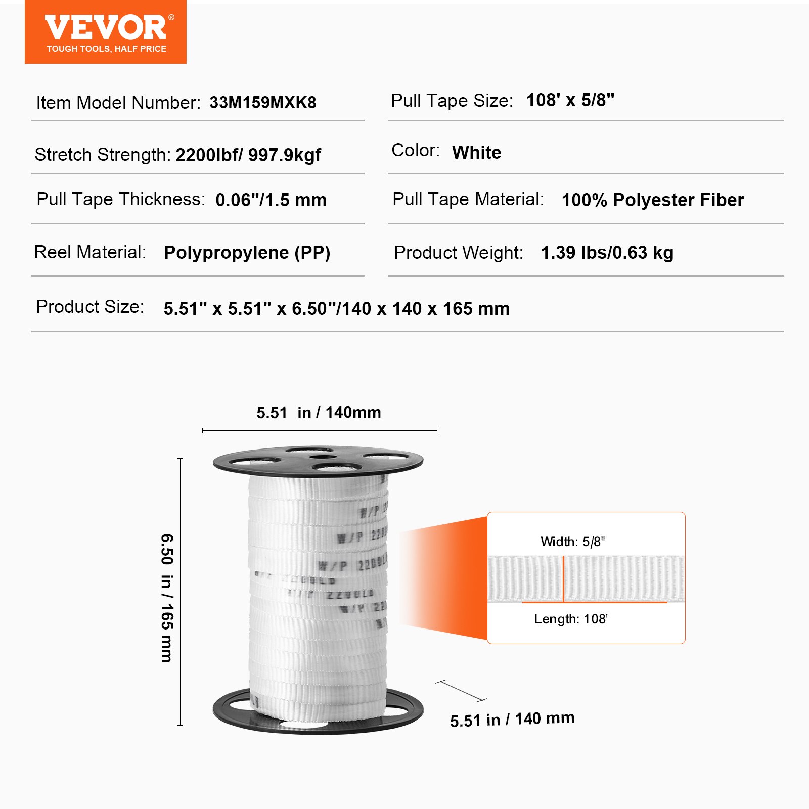 VEVOR Polyester Pull Tape, 5/8" x 108' Mule Tape Flat Rope, 2200 lbf ...