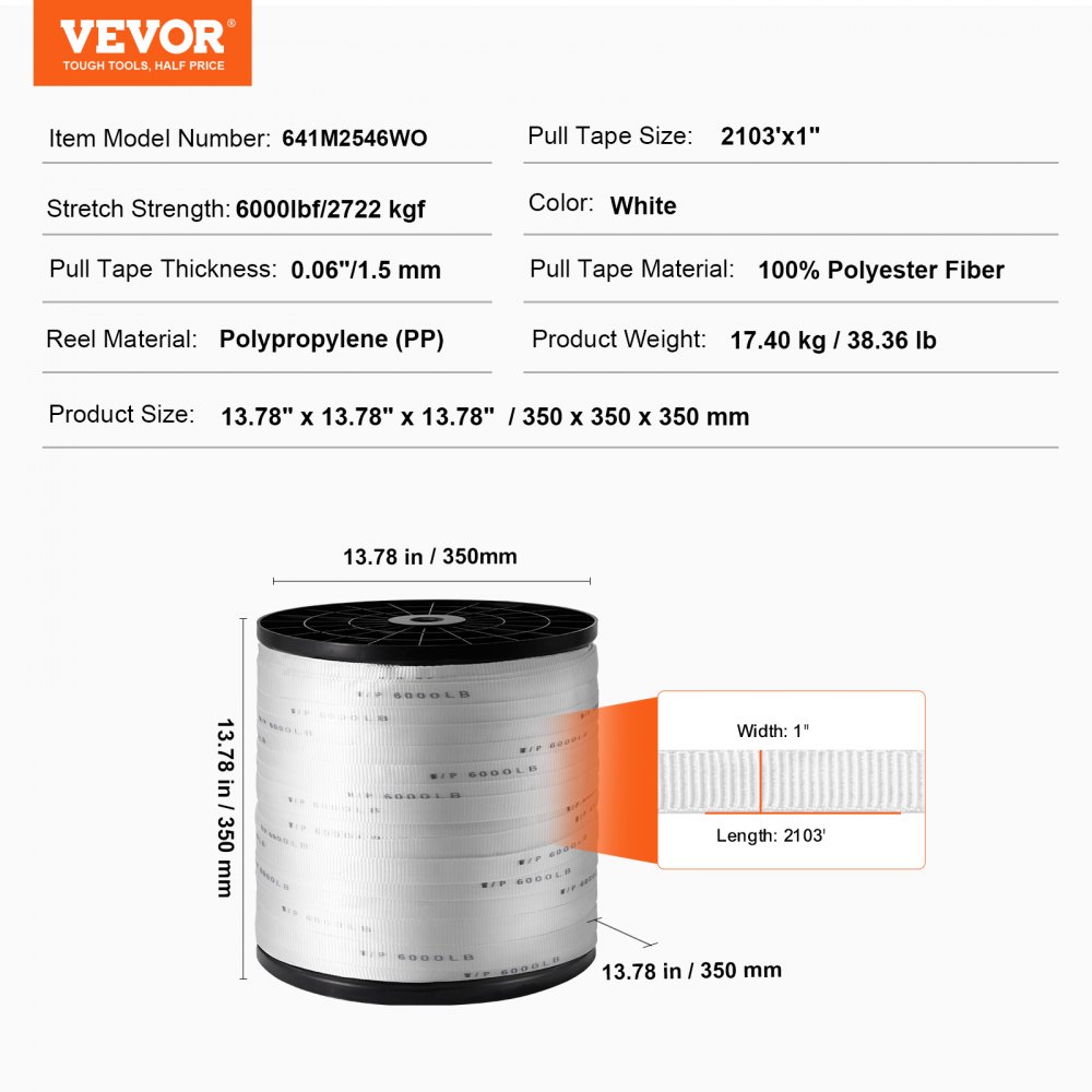 VEVOR Polyester Pull Tape, 1" x 2103' Mule Tape Flat Rope, 6000 lbf ...