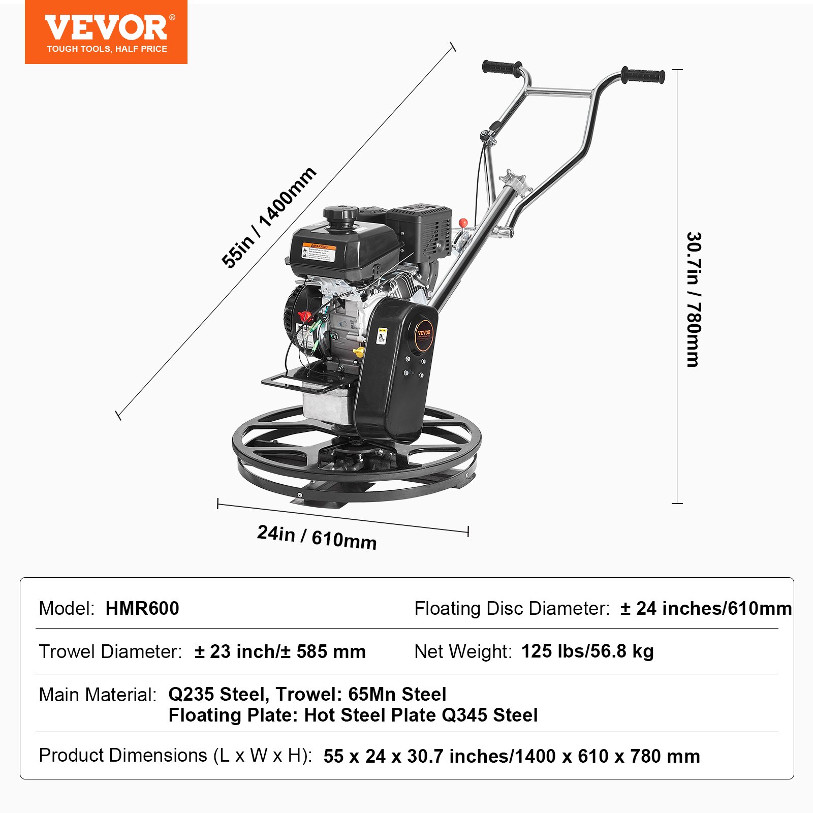 VEVOR Power Walk-Behind Cement Trowel 24” 6HP Gas-Powered with Float ...