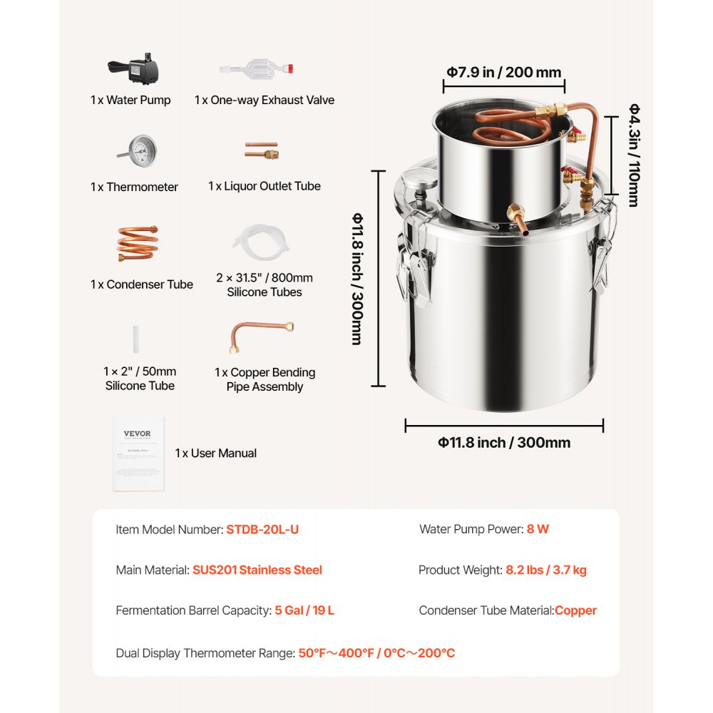 VEVOR Alcohol Distiller Home Brew – 5 Gal / 19L, Copper Coil