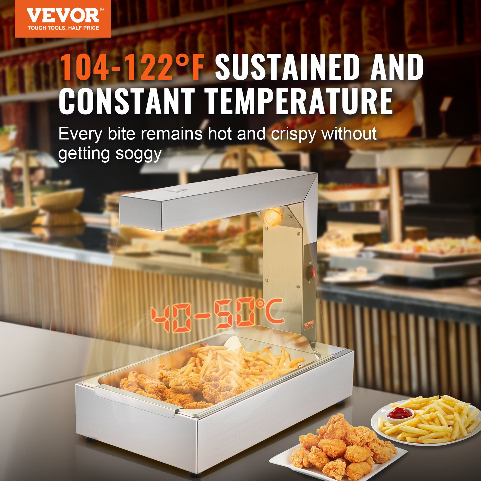 VEVOR French Fry Food Warmer, 750W Commercial Food Heating Lamp ...