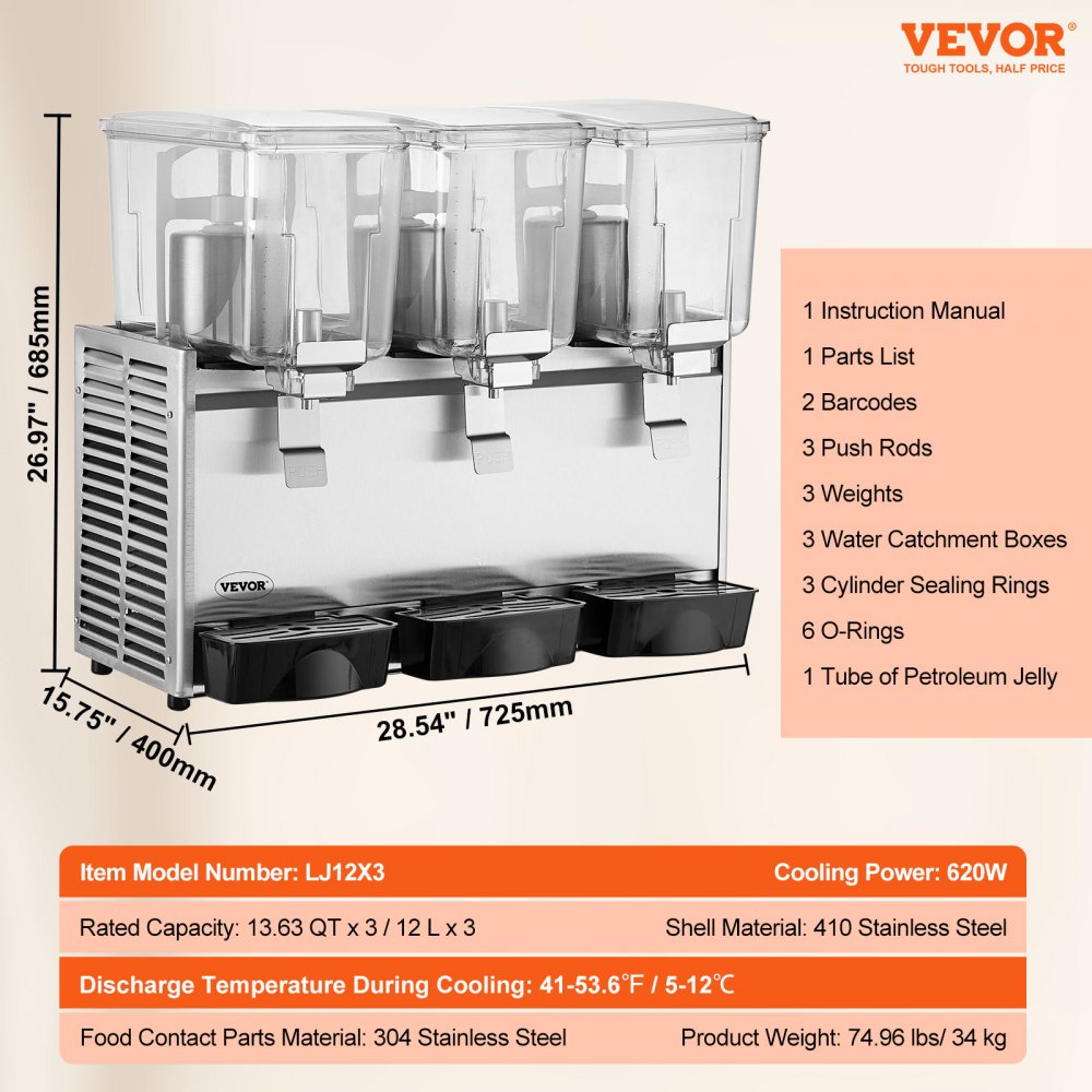 VEVOR Commercial Beverage Dispenser, 13.6 Qt 12L 3 Tanks Ice Tea Drink ...
