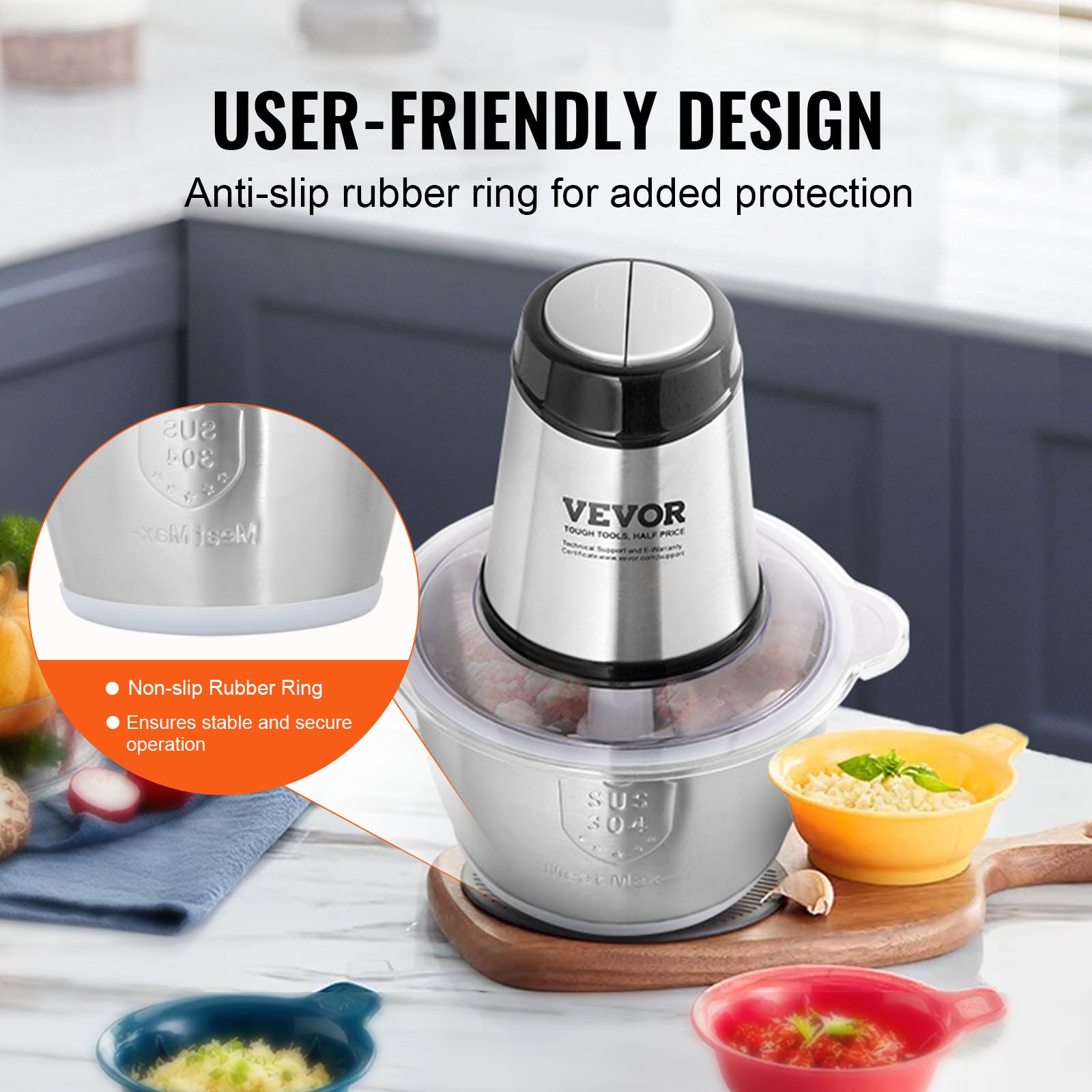 VEVOR Food Processor, Electric Meat Grinder with 4-Wing Stainless Steel ...