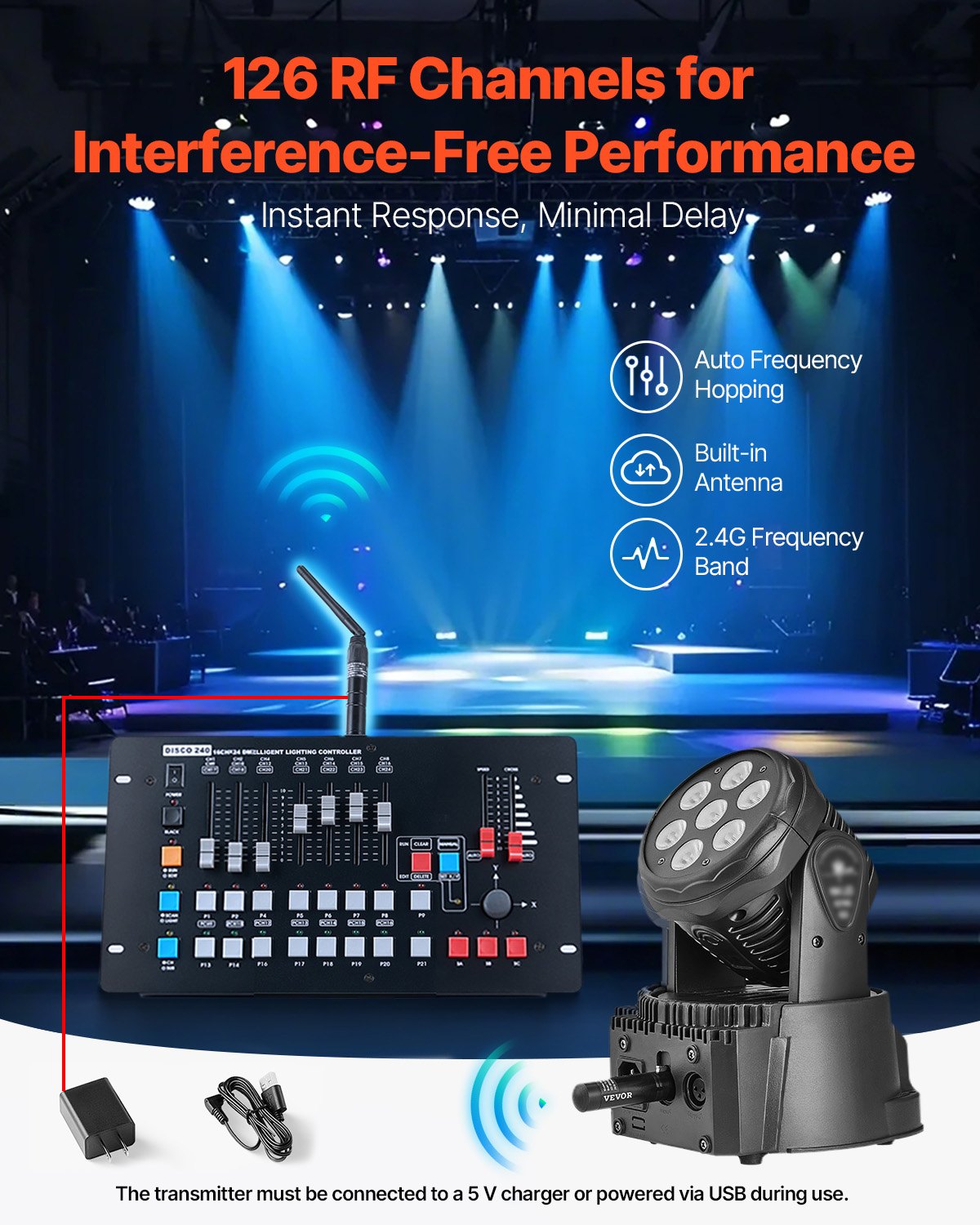 VEVOR Wireless DMX Transmitter and Receiver – 1TR / 7RX