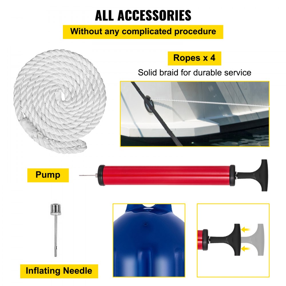 VEVOR Ribbed Twin Eyes Boat Fender Pack of 4 and Pump to Inflate (Blue ...