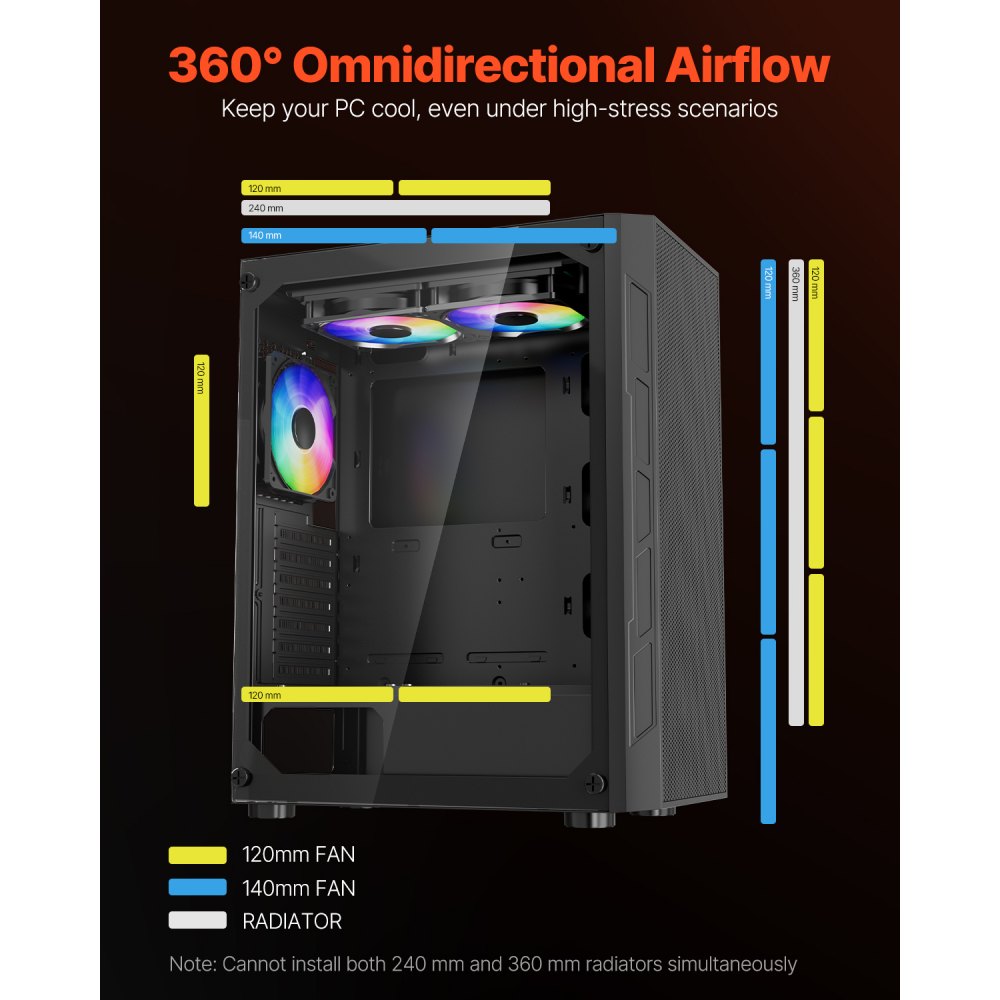VEVOR Gaming PC Mid Tower Case – 3 ARGB, ATX/ITX, 320mm GPU