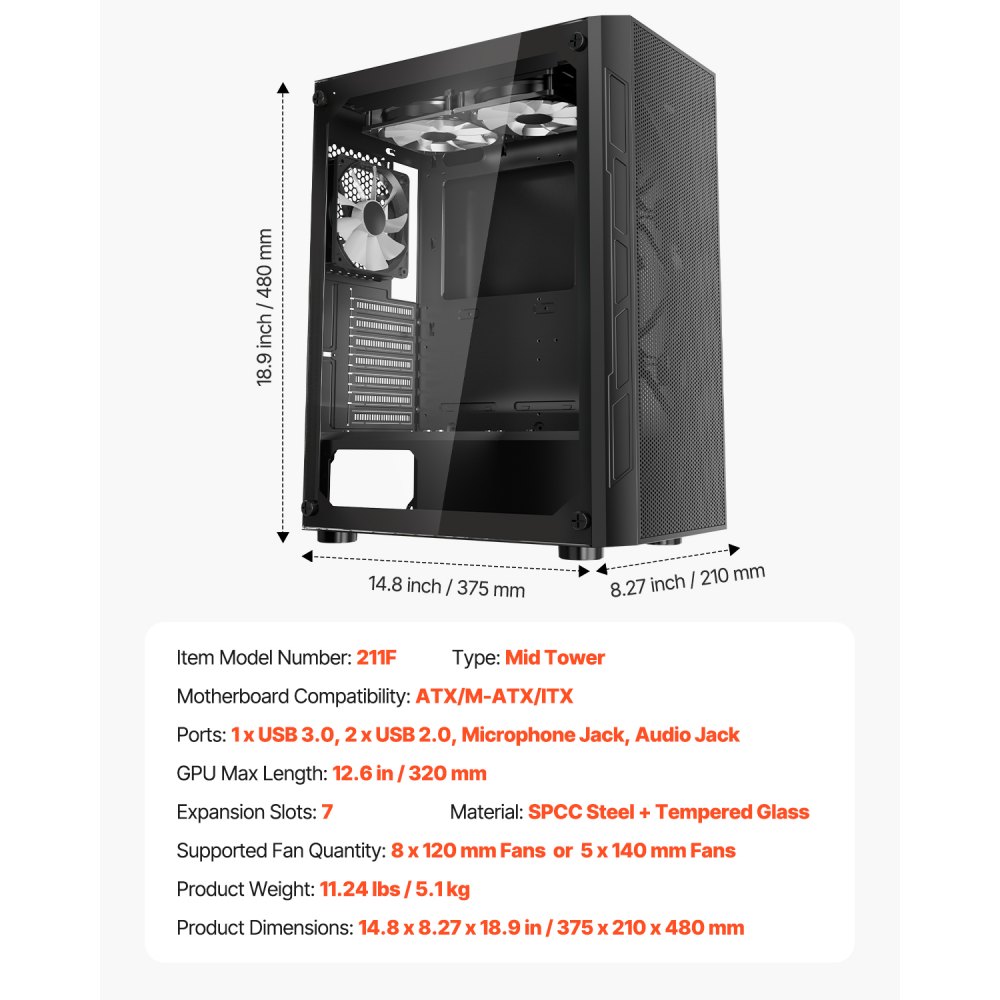 VEVOR PC Gaming Case, Mid-Tower, Computer Case with High-Airflow ...