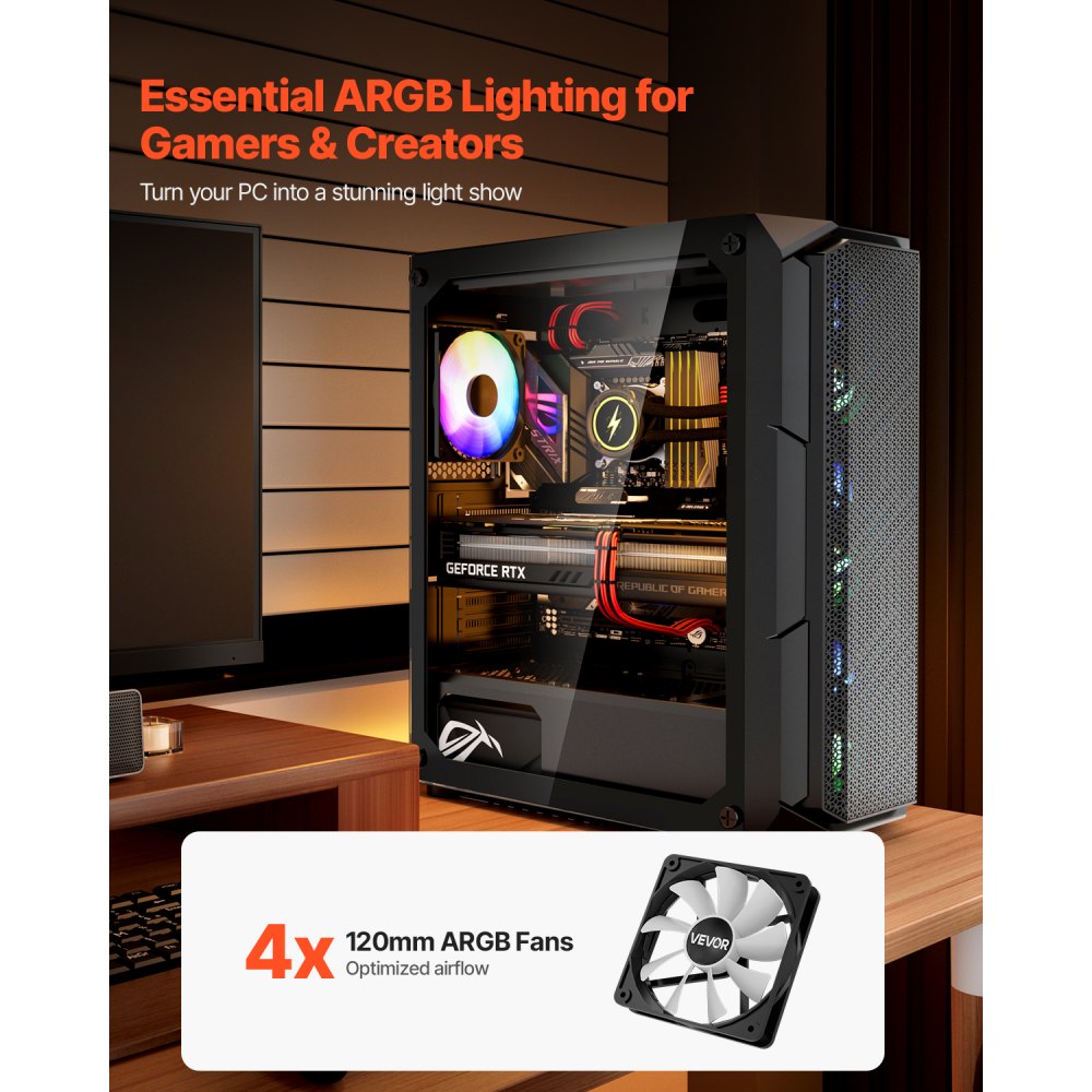 VEVOR Computer Gaming Case — Durable Mid-Tower ARGB Glass