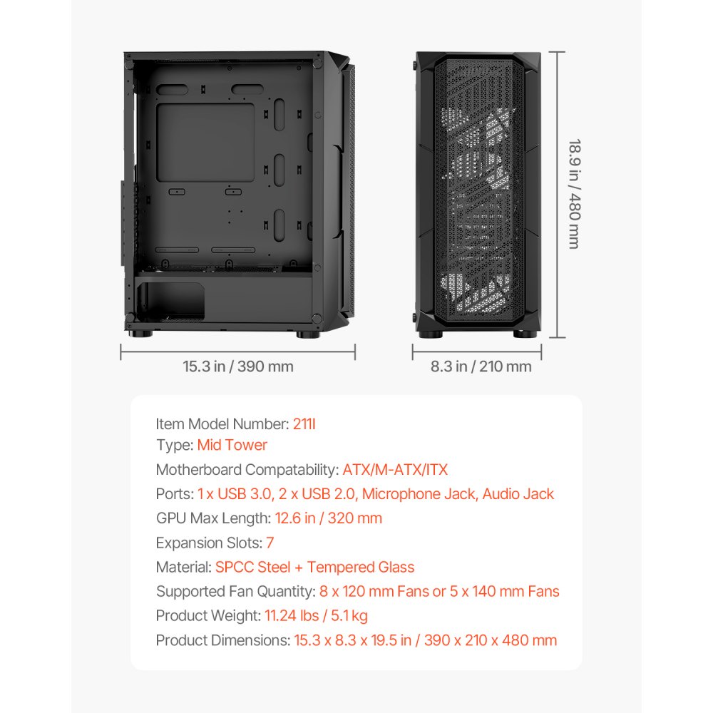 VEVOR Computer Gaming Case — Durable Mid-Tower ARGB Glass