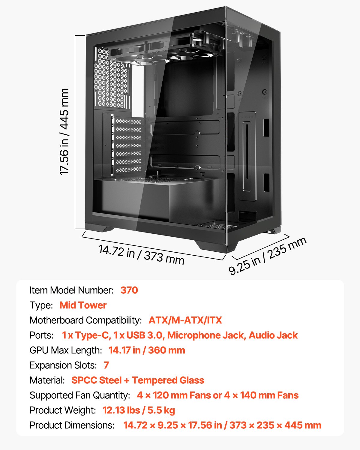 VEVOR PC Computer Gaming Case – 360mm GPU, 2 x 120 mm Fans