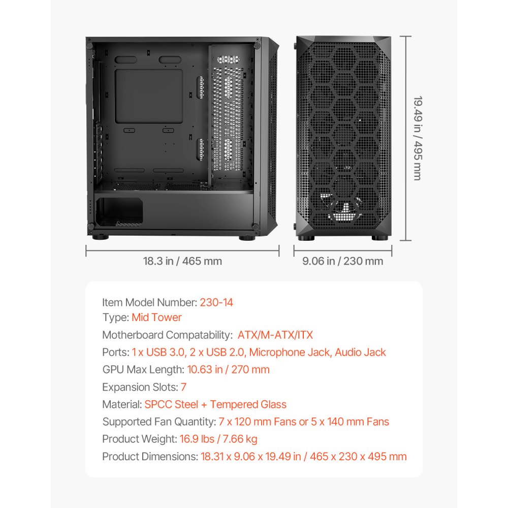 VEVOR Computer Case Mid – 4×120mm Fans, ATX Tower, 270mm