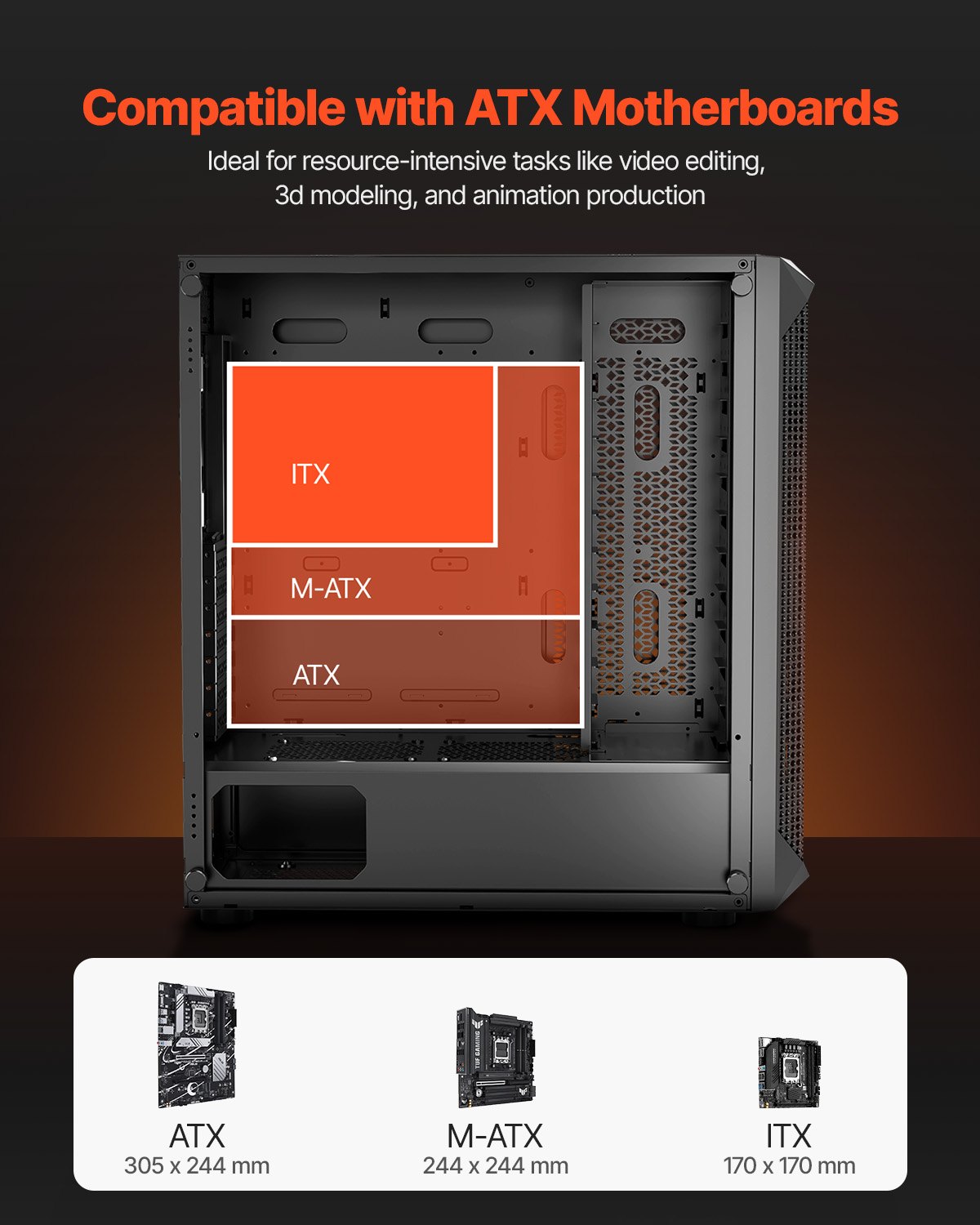VEVOR Computer Case Mid – 4×120mm Fans, ATX Tower, 270mm
