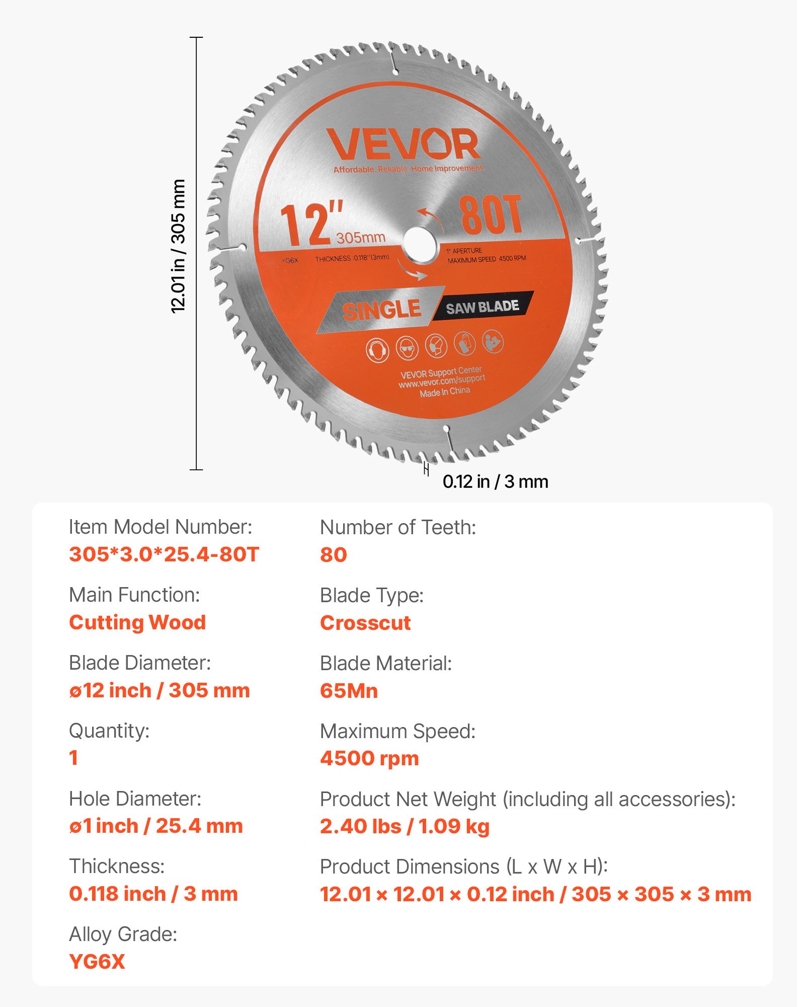 VEVOR Circular Saw Blade, 12 inch Diameter, 80 Sharp Alloy Teeth, 1 ...