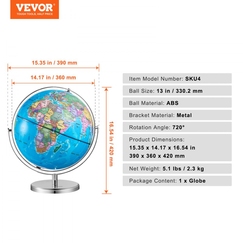 VEVOR Rotating World Globe with Stand, 13 in/330.2 mm, Educational ...
