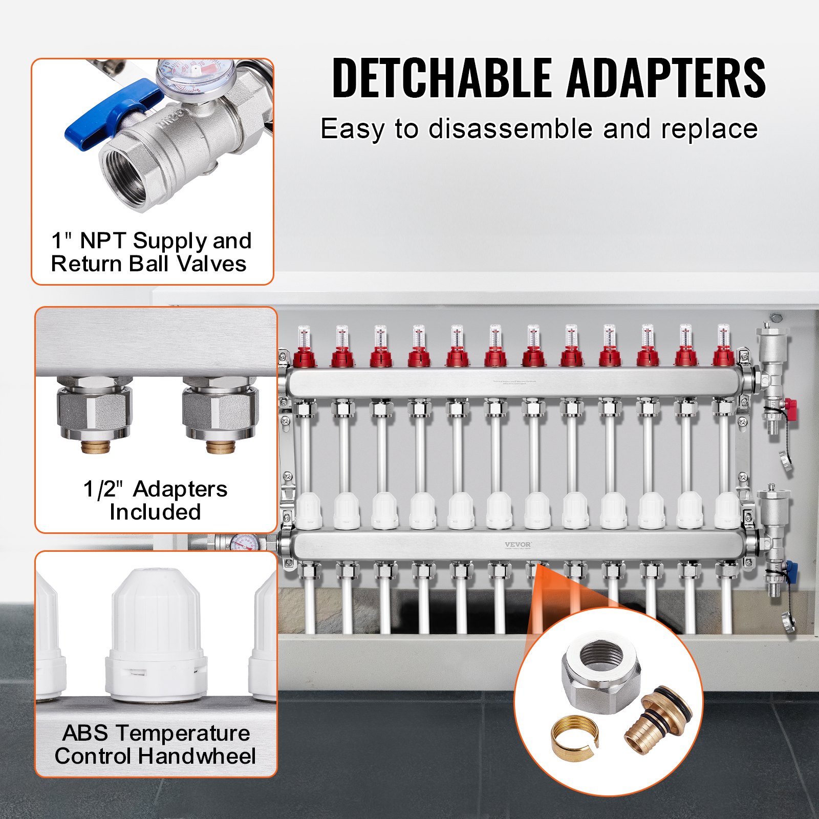 VEVOR 12-Branch Radiant Heat Manifold 1/2" PEX Tubing Floor Heating ...