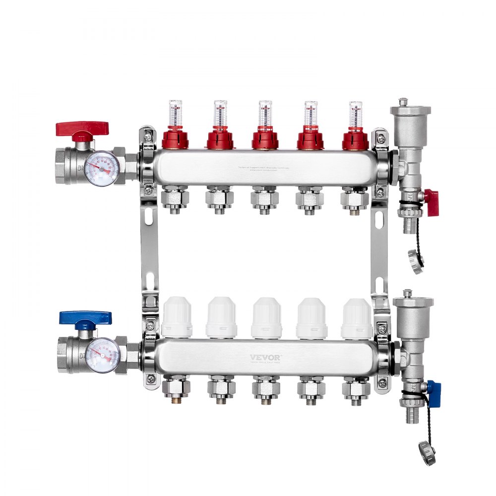 VEVOR 5-Branch Radiant Heat Manifold 1/2" PEX Tubing Floor Heating ...