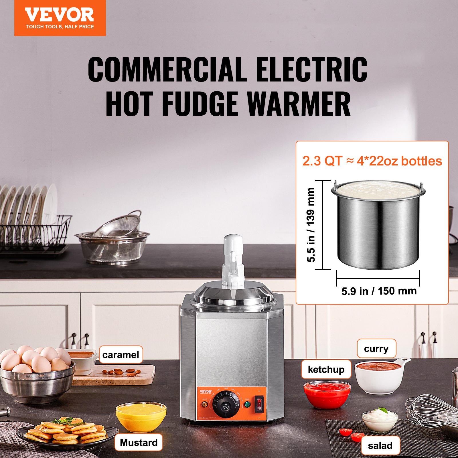 VEVOR Electric Cheese Dispenser with Pump, 2.3 Qt Commercial Hot Fudge ...