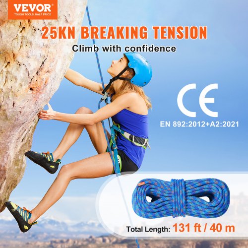 VEVOR 10.2mm Dynamic Climbing Rope, 40M(131ft) Outdoor Rock Climbing ...