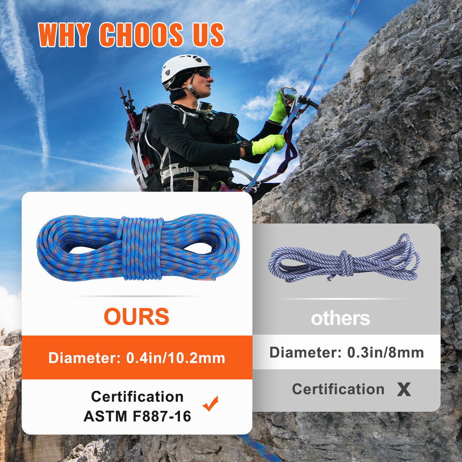 VEVOR 10.2mm Dynamic Climbing Rope 70M(230ft) Outdoor Rock Climbing ...