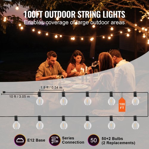 100FT LED Outdoor String Patio Lights Waterproof G40 Shatterproof Bulbs ...