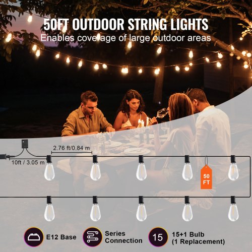 50FT LED Outdoor String Patio Lights Waterproof 15 S14 Shatterproof ...