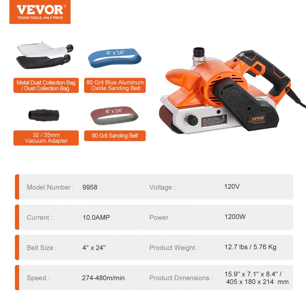 VEVOR 10AMP Belt Sander, 4" x 24" Belt Sanders for Woodworking with 6 ...