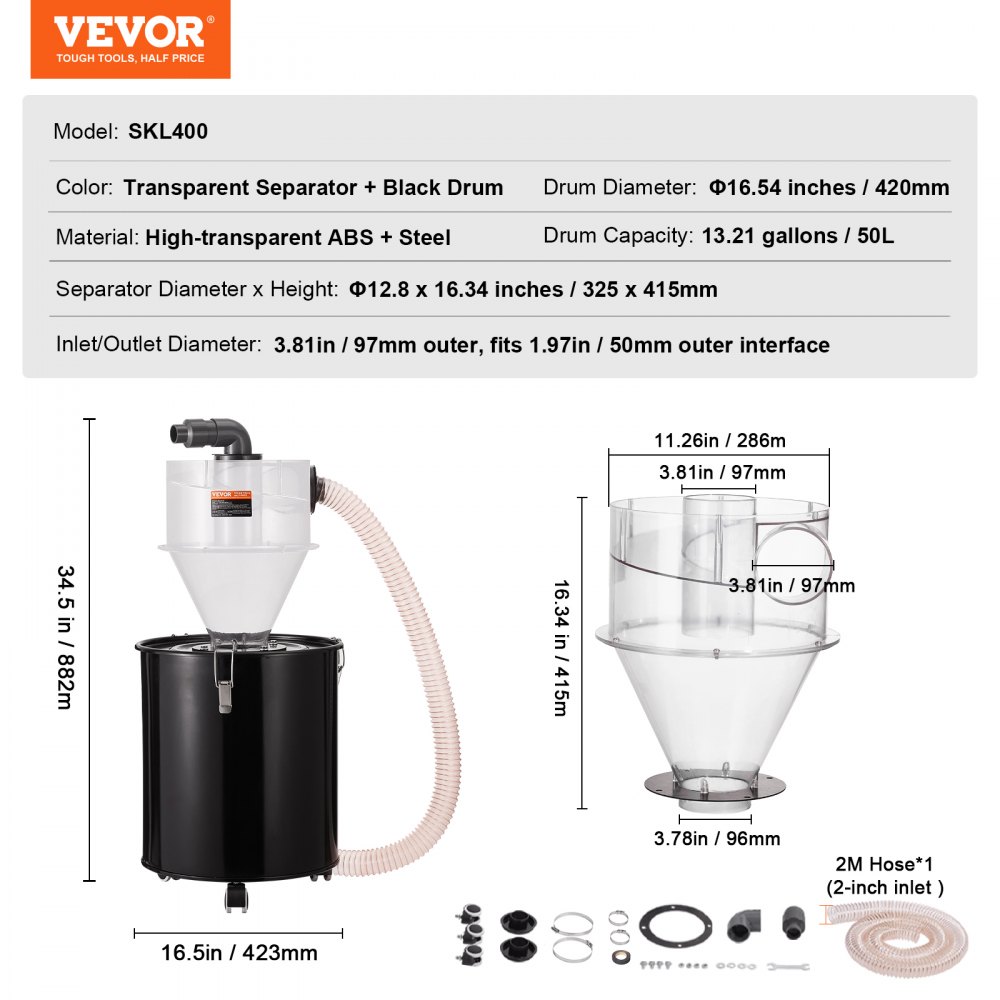 VEVOR Cyclone Dust Separator w/ Tank Vacuum Cleaner Separator 4" for 13 ...