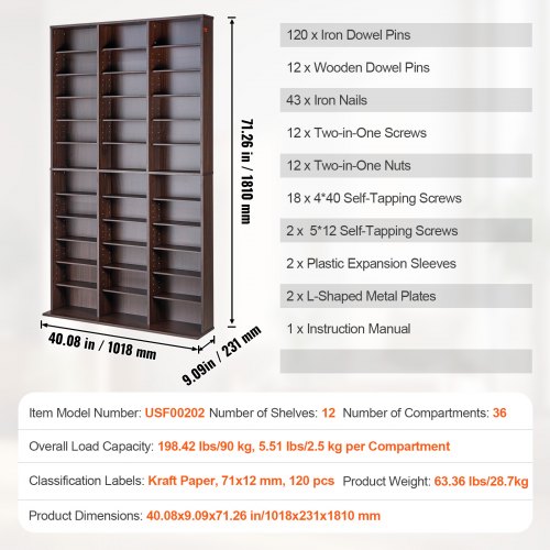 VEVOR Media Storage Cabinet, 12-Layer DVD Shelf Holds 1080 CDs ...