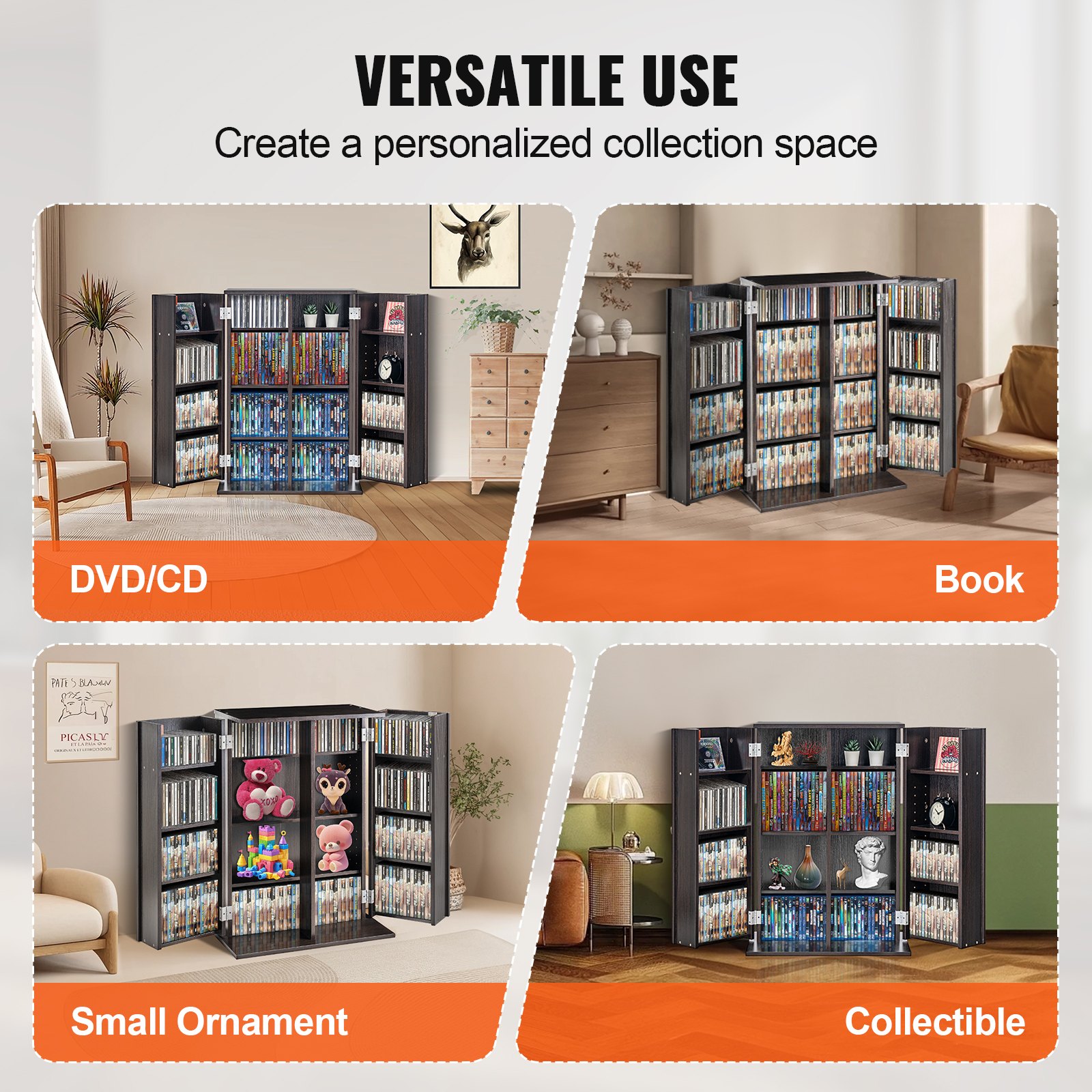 VEVOR Media Storage Cabinet 4 Layers Adjustable DVD Shelves 576 CDs ...