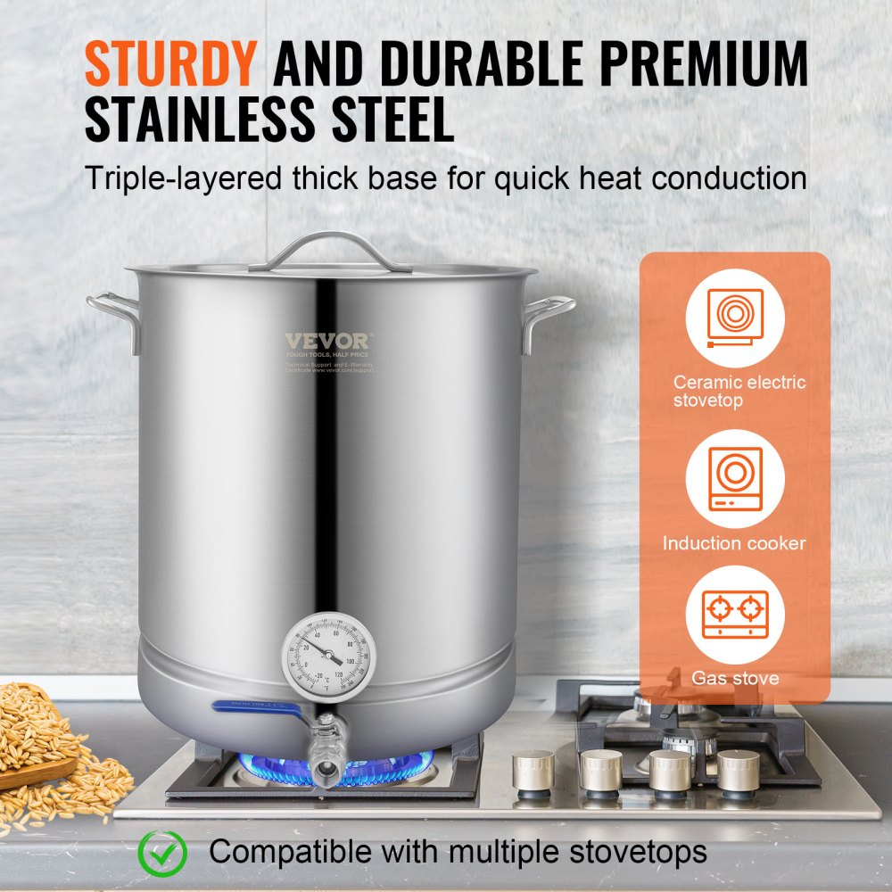 VEVOR Stainless Steel Kettle, 16 GALLON Brewing Pot, Tri Ply Bottom for ...