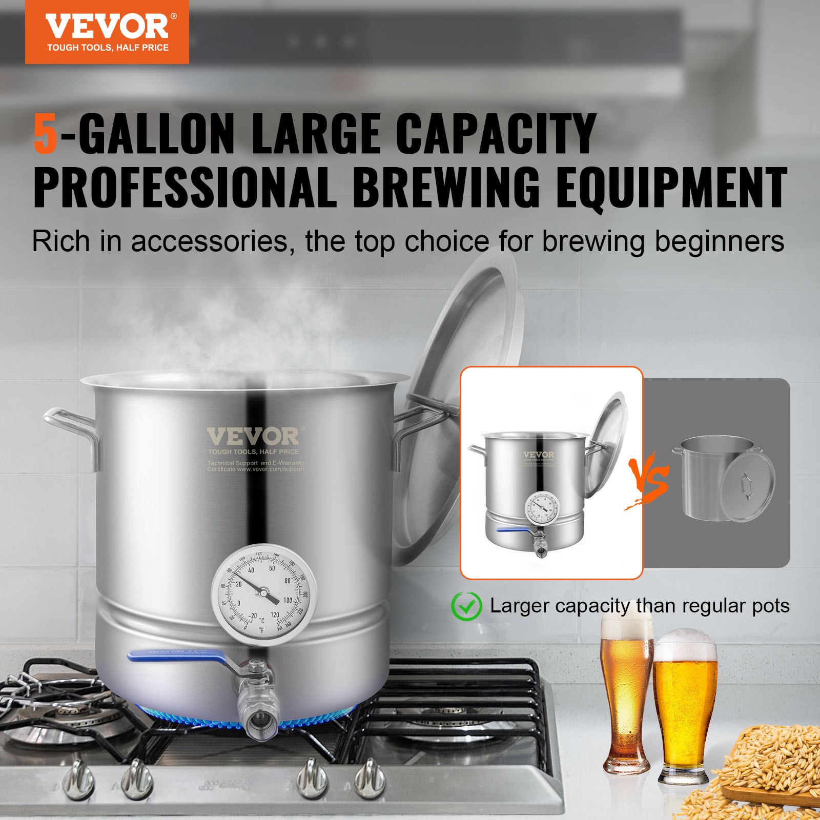 VEVOR Stainless Steel Kettle, 5 GALLON Brewing Pot, Tri Ply Bottom for ...
