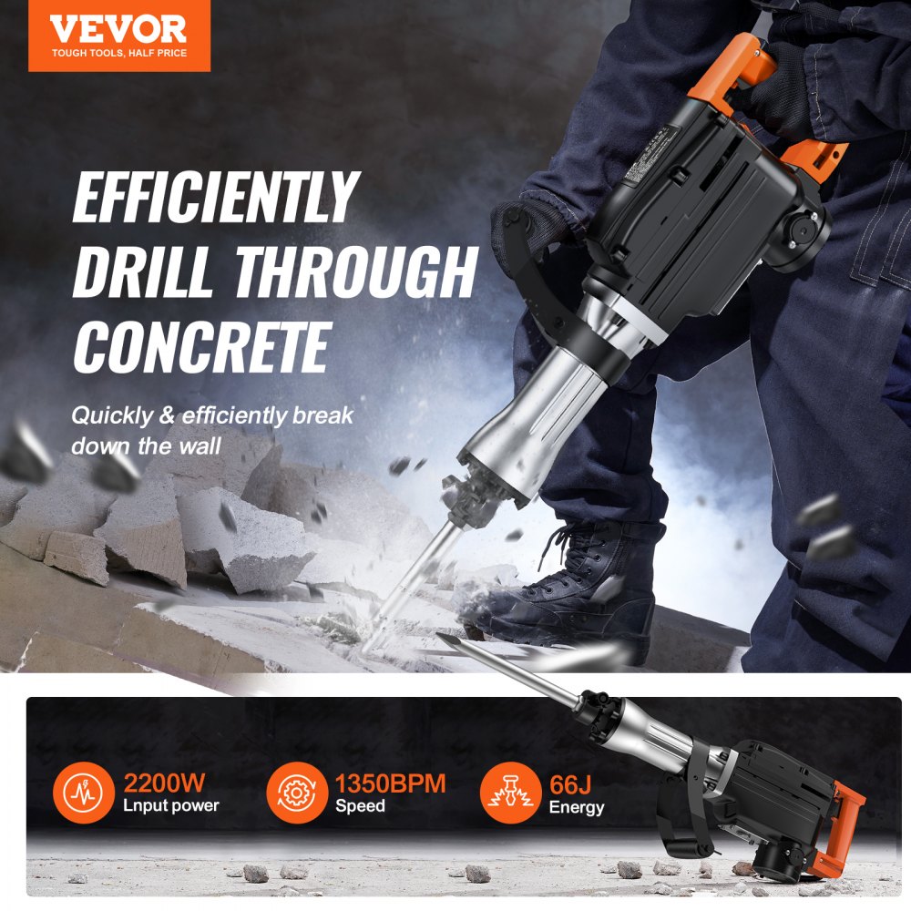 VEVOR Demolition Jack Hammer, 1350 BPM Concrete Breaker 6pcs Chisels ...