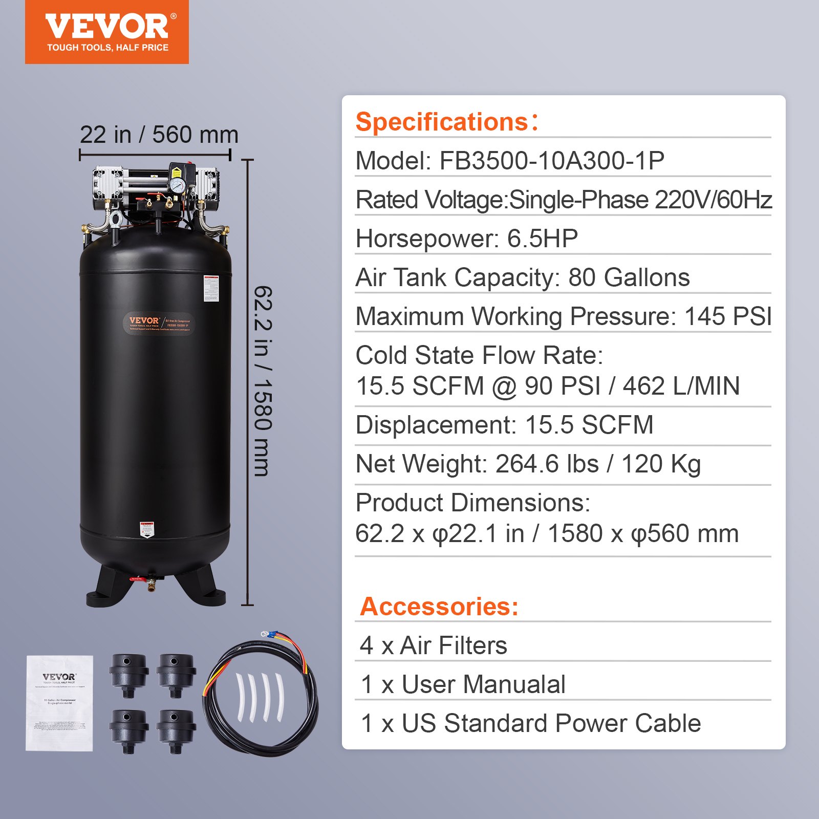 VEVOR 80 Gallon Air Compressor 6.5HP 15.5 SCFM@90 PSI 2-Stage 145PSI ...
