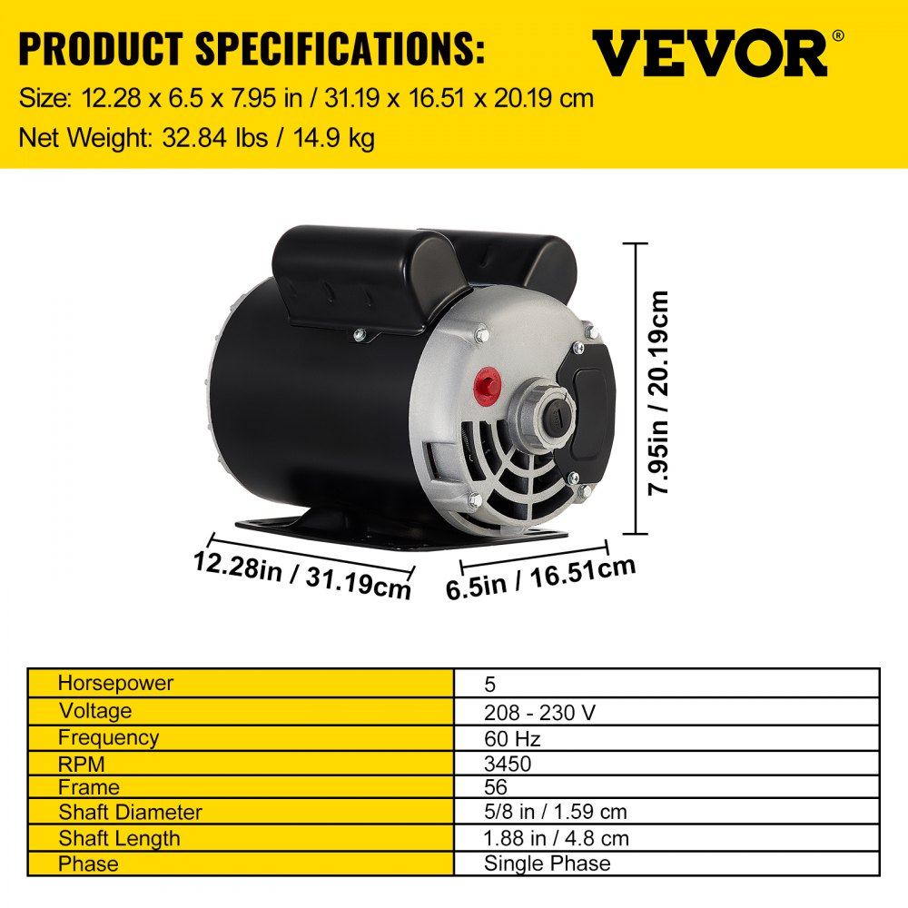 VEVOR Air Compressor Electric Motor, 5 HP SPL 3450 RPM, 208-230 Volt 3. ...