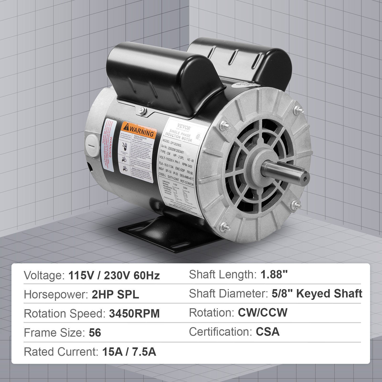 VEVOR 2HP SPL Air Compressor Motor, 115/230V, 15/7.5 Amps Electric ...
