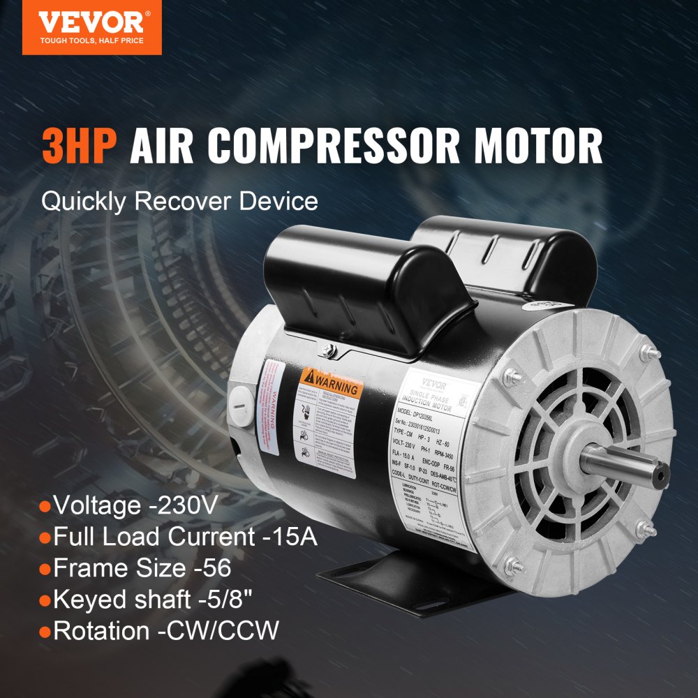 VEVOR 3HP Air Compressor Electric Motor, 230V 15 Amps, 56 Frame 3450RPM ...