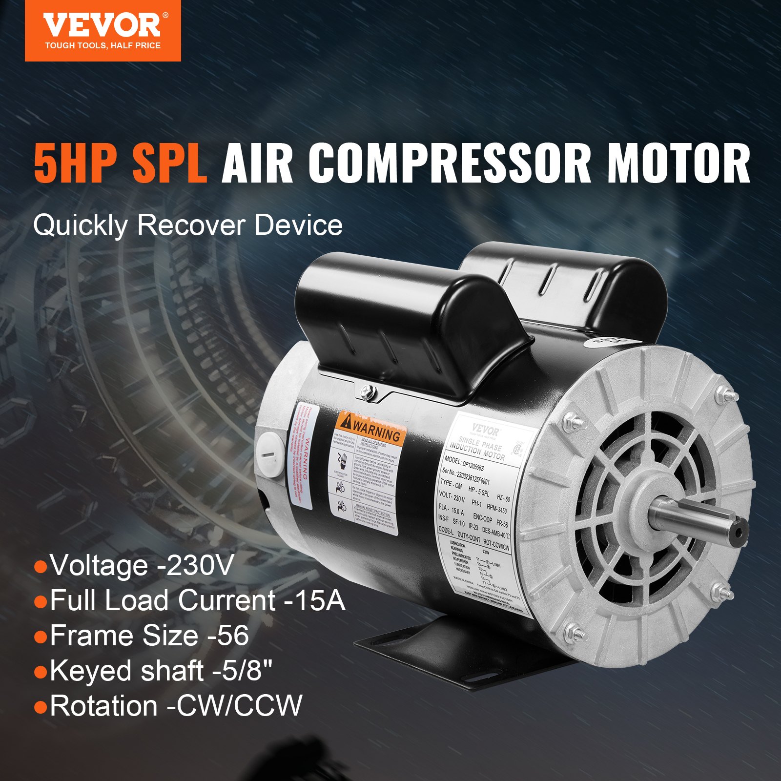 VEVOR 5HP SPL Air Compressor Electric Motor, 230V 15.0Amps, 56 Frame ...