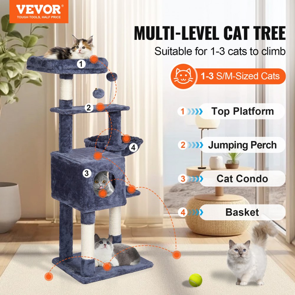 VEVOR Cat Tree for Indoor Cats, 115 cm Cat Tower with Cat Condo, Sisal ...