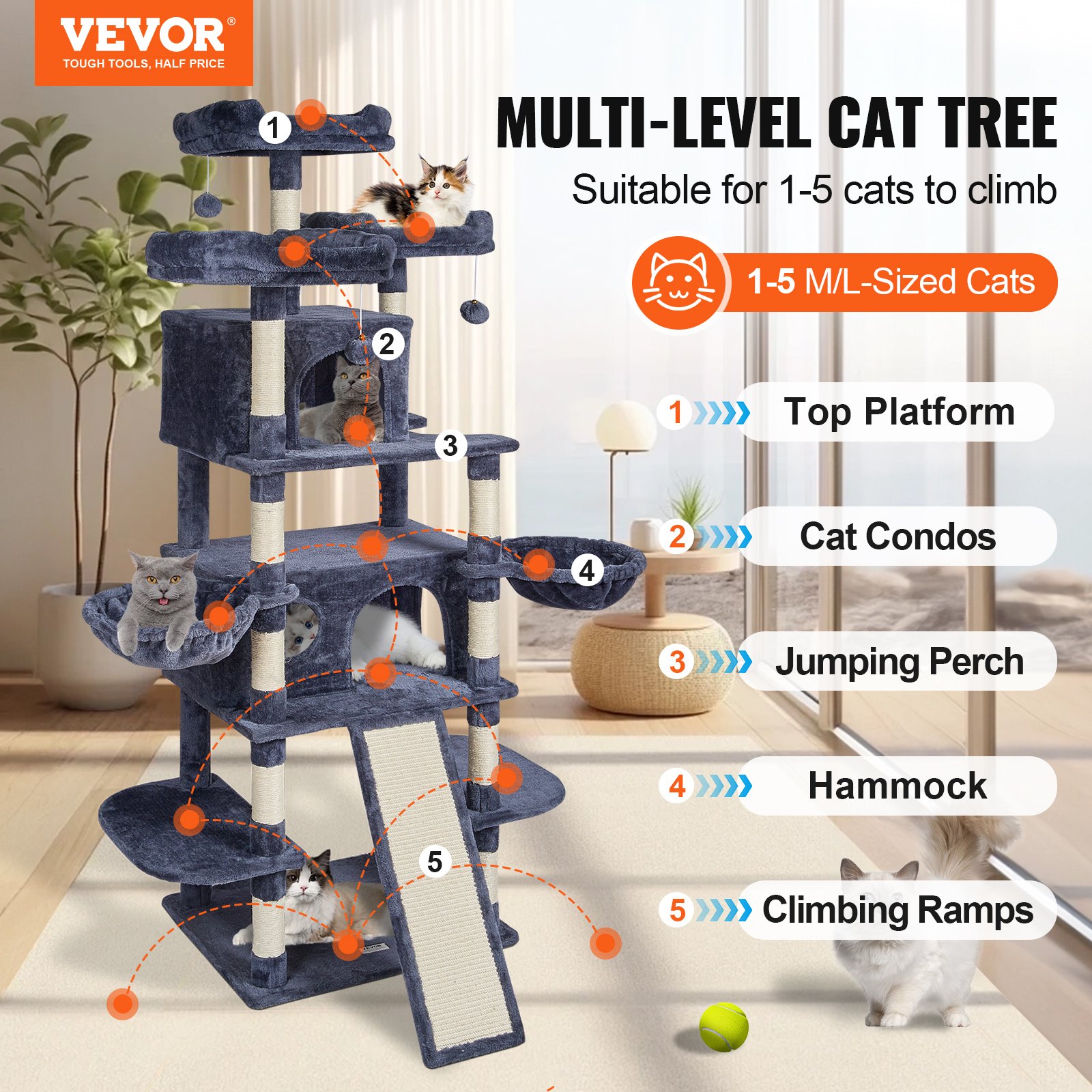 VEVOR Cat Tree for Indoor Cats, 68.5" Cat Tower with 2 Cat Condos ...
