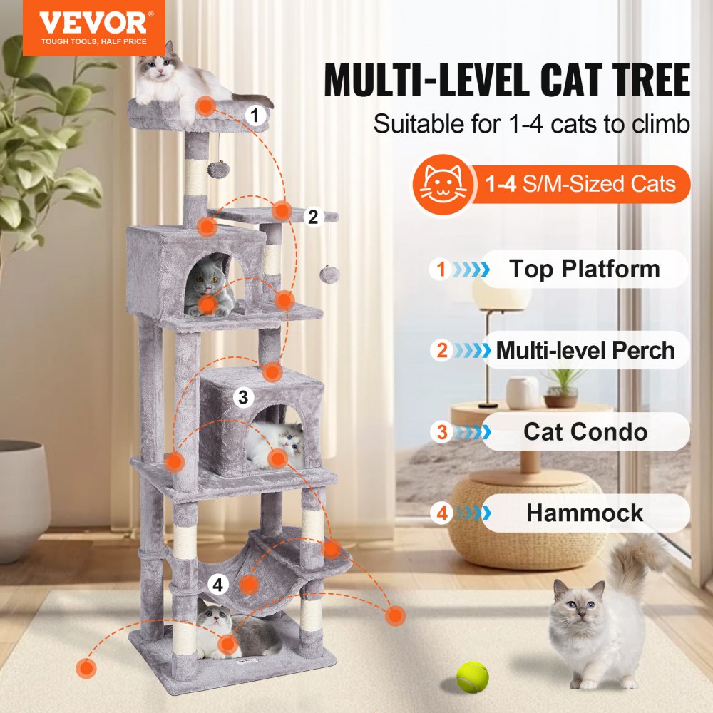 VEVOR Cat Tree 63" Cat Tower with 2 Cat Condos Sisal Scratching Post ...