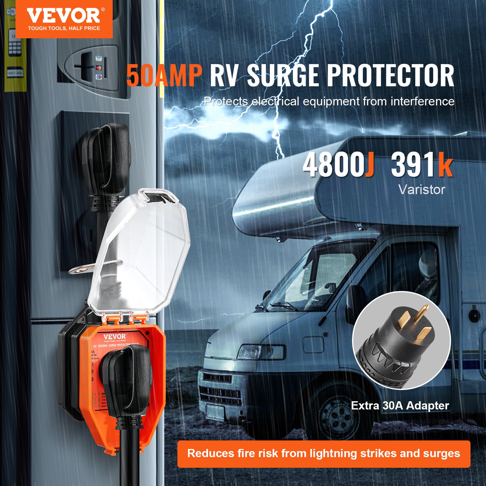 VEVOR RV Surge Protector, 50 Amp, 4800 Joules RV Voltage Protector ...