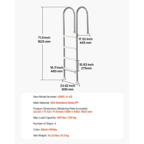 Stainless Steel Pool Ladder 4-Step 2 Handrail Loads 265 lb for 54 In ...